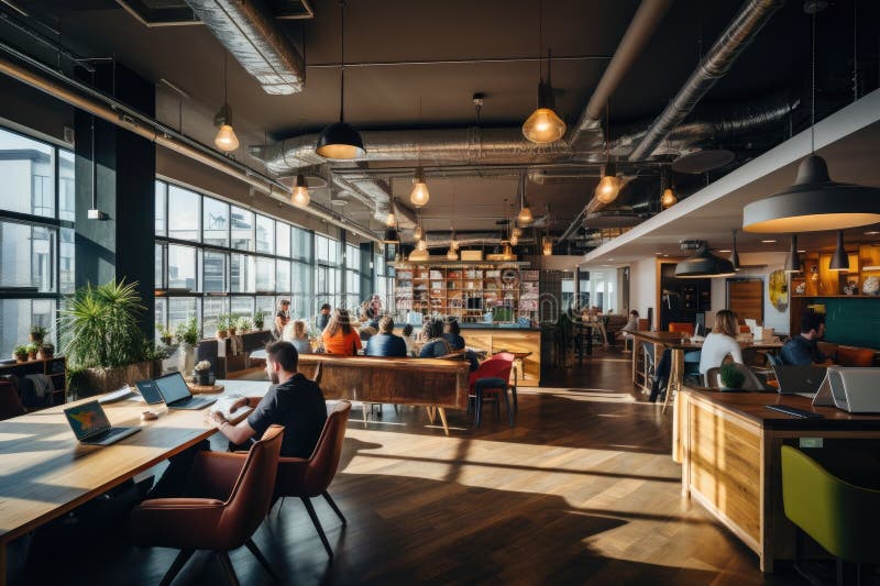 Modern Office Space with Various Seating Areas and People Working on ...