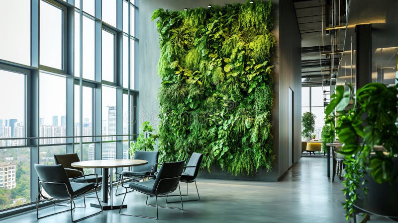 Modern Office Space with Vertical Garden Wall and Large Windows Stock ...