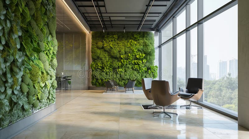 Modern Office Space with Vertical Garden Wall and Large Windows Stock ...
