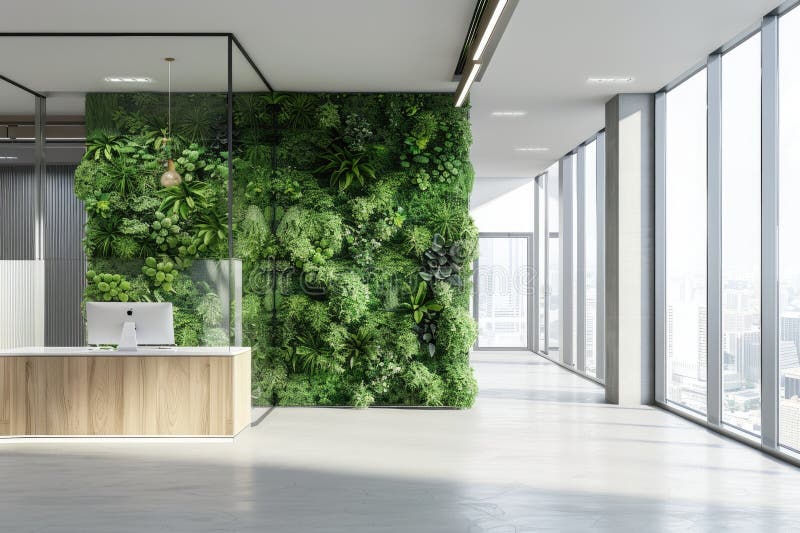 Modern Office Space with Vertical Garden Wall and Large Windows Stock ...