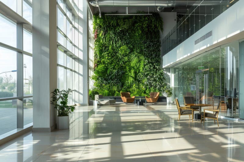 Modern Office Space with Vertical Garden Wall and Large Windows Stock ...