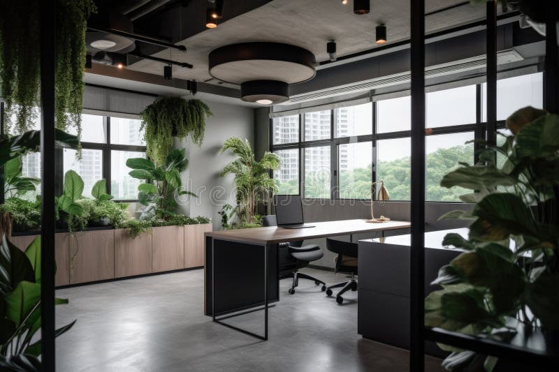 A Modern Office Space with a View of Lush Greenery and Indoor Plants ...