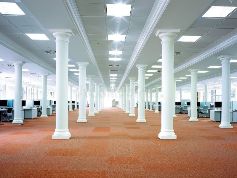 Modern Office Space with White Columns and Orange Carpet Stock ...