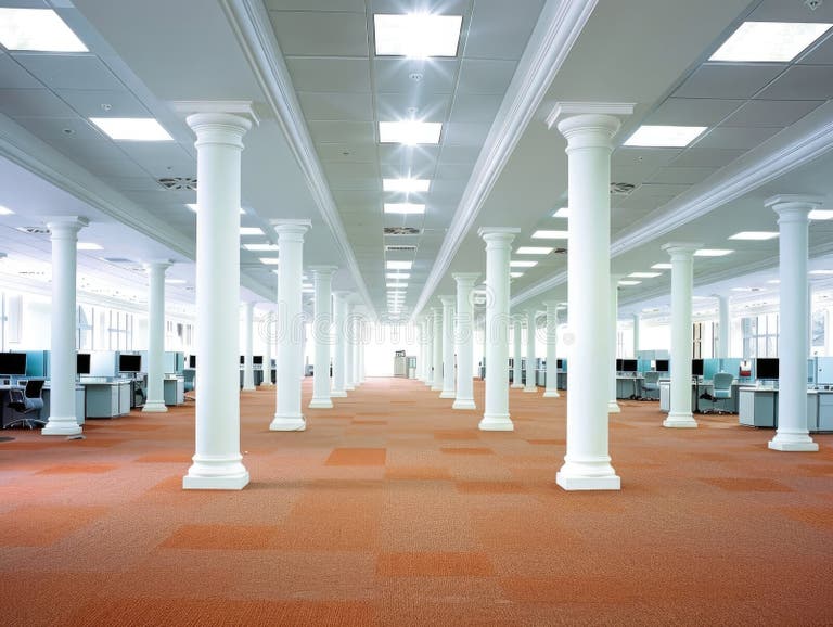 Modern Office Space with White Columns and Orange Carpet Stock ...
