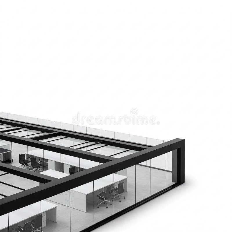 Modern Office Space with White Desks and Black Chairs Behind Glass ...