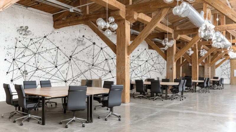 Modern Office Space with Wooden Beams and Artistic Wall Design for ...