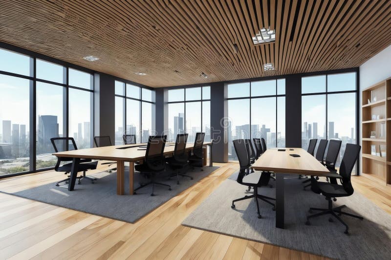 Modern Office Space with Wooden Plank Table.AI Generated Stock ...