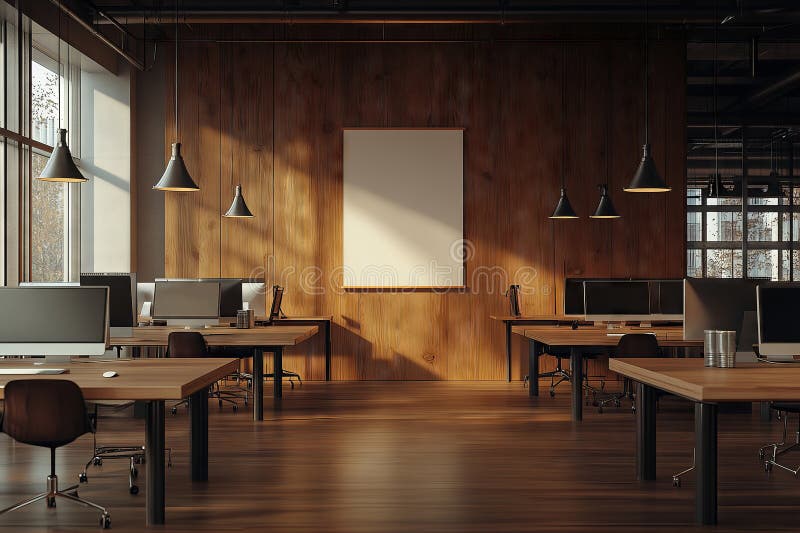 In a Modern Office Space, a Wooden Wall Showcases an Empty Poster Frame ...