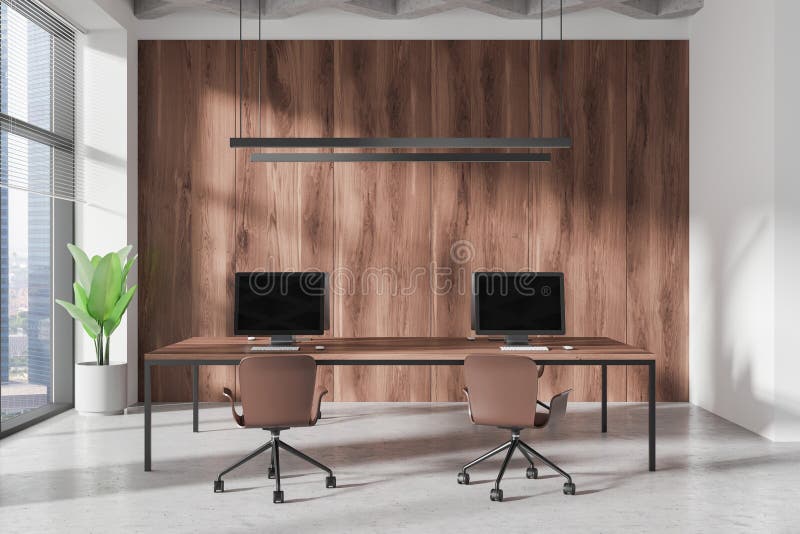 Modern Office Space with Wooden Wall and Two Computer Workstations. 3D ...