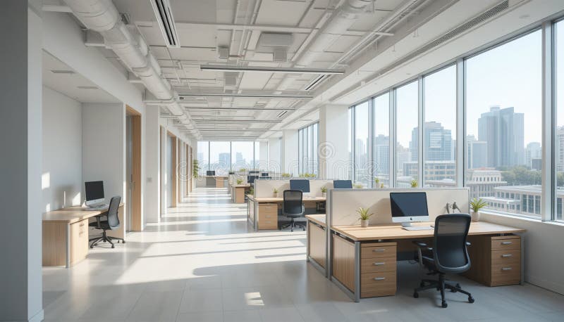 A Modern Office Space with Workstations. a Spacious Room with Light ...