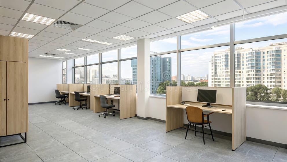 A Modern Office Space with Workstations. a Spacious Room with Light ...
