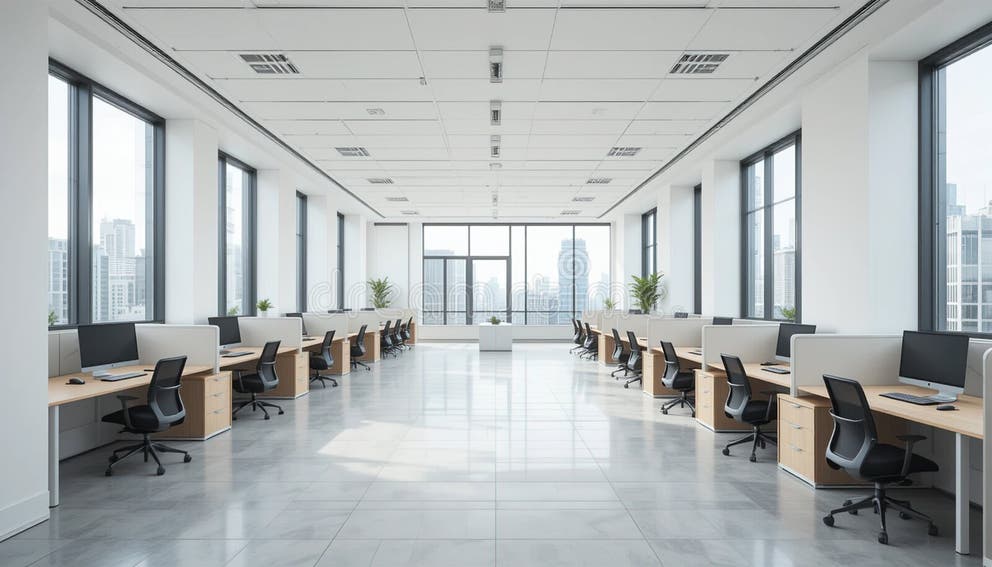 A Modern Office Space with Workstations. a Spacious Room with Light ...