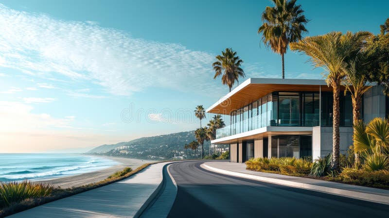 Modern Office Structure Along Paved Road with Beautiful Beach Backdrop ...