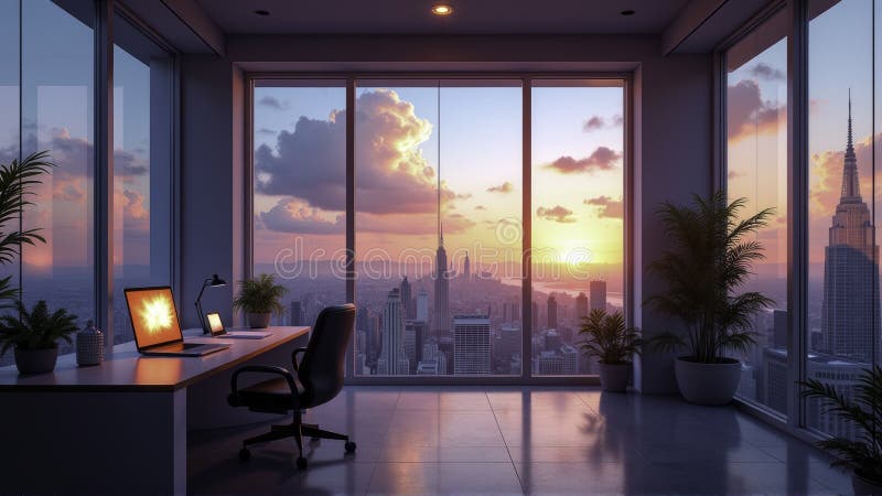 Modern Office with Stunning City Skyline View at Sunset. Stock ...