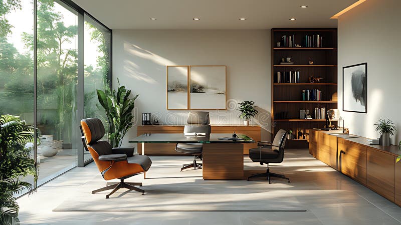 Modern Office, Sunlit, Glass Wall, Nature View, Workspace Stock ...