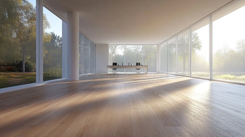 Modern Office, Sunrise, Forest View, Empty Desks, Workspace Stock Image ...