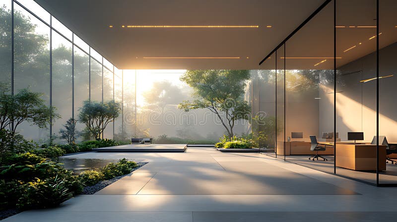 Modern Office Sunrise Garden Atrium Tranquil Workspace Stock ...
