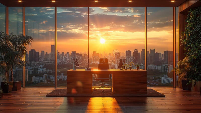 Modern Office with Sunset City View - Generative Ai Stock Illustration ...