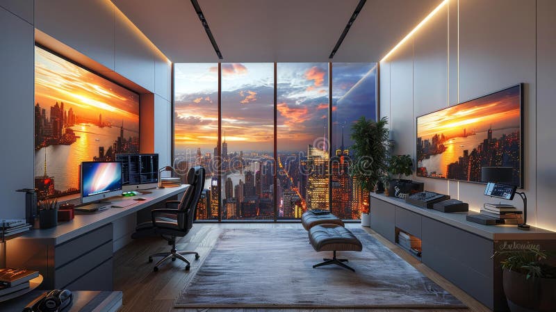 Modern Office with Sunset City View - Generative Ai Stock Illustration ...