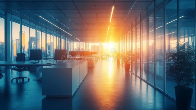 Modern Office Sunset Cityscape View Stock Illustration - Illustration ...