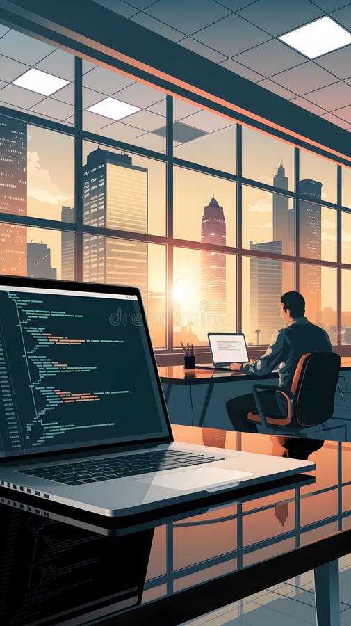 Modern Office Sunset, Laptop Coding Reflects Desk, Serene Worker Scene ...