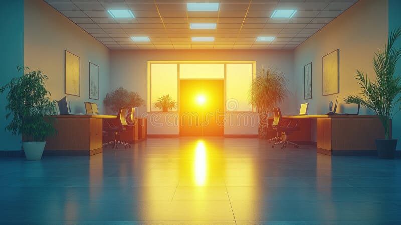 Modern Office with Sunset View from Window Stock Illustration ...