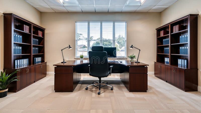 Modern Office with Symmetrical Layout and Central Desk Setup Stock ...