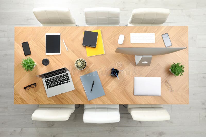 Modern Office Table with Devices and Chairs, Top View Stock Image ...