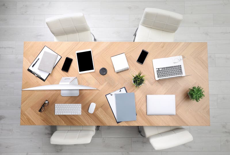 Modern Office Table with Devices and Chairs Stock Image - Image of ...