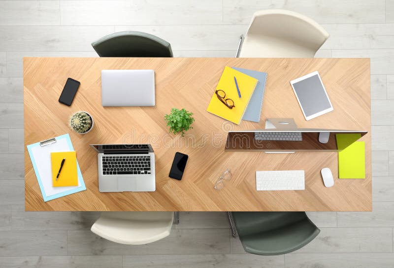 Modern Office Table with Devices and Chairs Stock Image - Image of ...