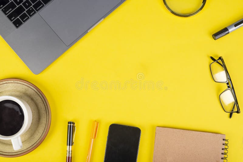 Modern Office Table with Yellow Banner Template and Copy Space Stock ...