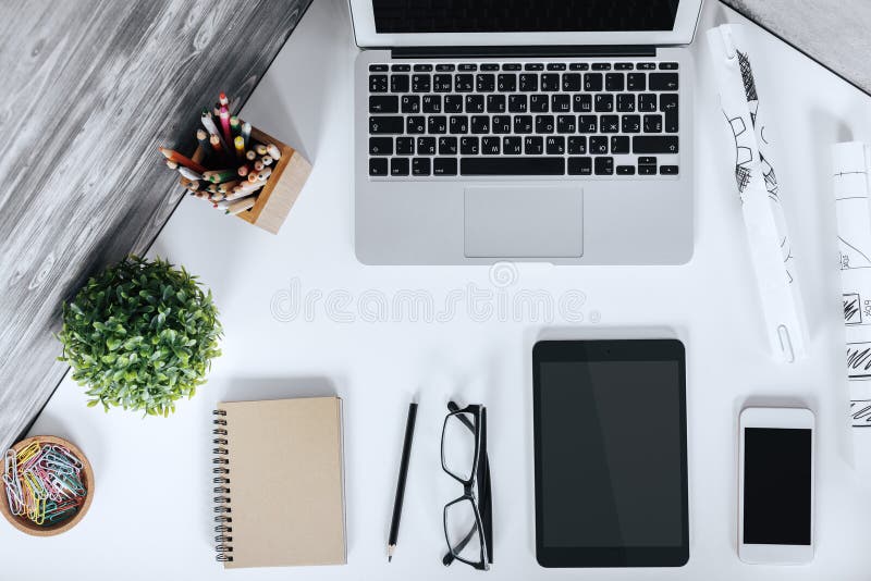 Modern Office Tabletop with Empty Devices Stock Image - Image of sketch ...