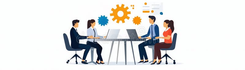 A Modern Office Team Collaborates at a Table Utilizing Laptops and ...