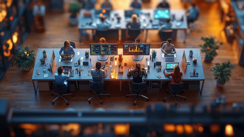 Modern Office Teamwork with Digital Dashboard and Warm Lighting Stock ...