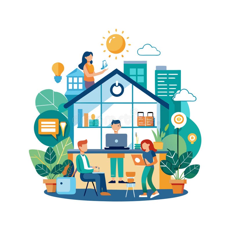 Modern Office with Teamwork, Smart Home Integration, and Sustainable Energy Stock Vector ...