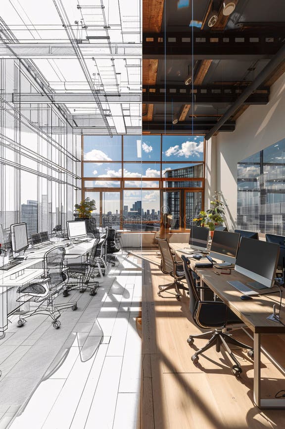 Modern Office Transition from Technical Drawing, Blueprint To Reality ...