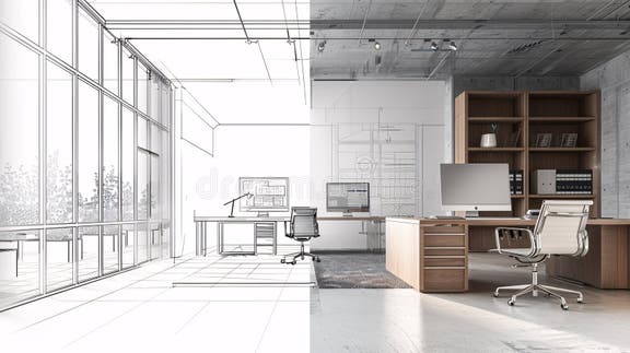 Modern Office Transition from Technical Drawing, Blueprint To Reality ...