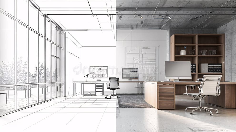 Modern Office Transition from Technical Drawing, Blueprint To Reality ...