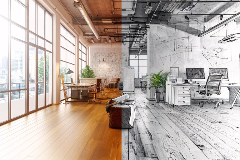 Modern Office Transition from Technical Drawing, Blueprint To Reality ...