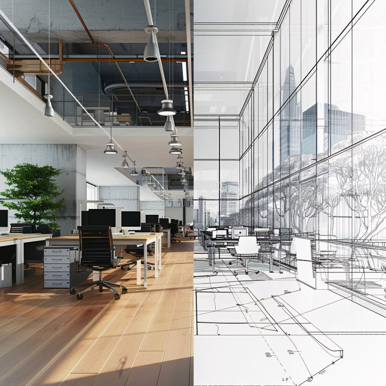 Modern Office Transition from Technical Drawing, Blueprint To Reality ...