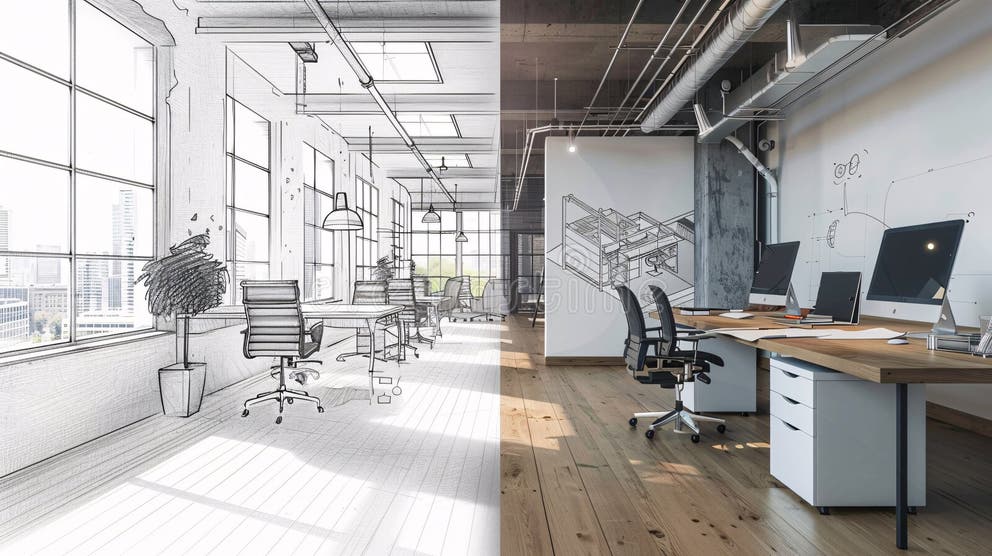 Modern Office Transition from Technical Drawing, Blueprint To Reality ...