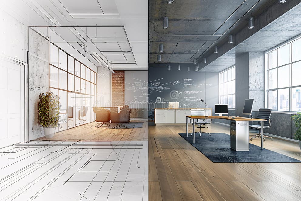 Modern Office Transition from Technical Drawing, Blueprint To Reality ...