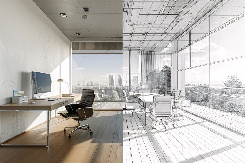 Modern Office Transition from Technical Drawing, Blueprint To Reality ...