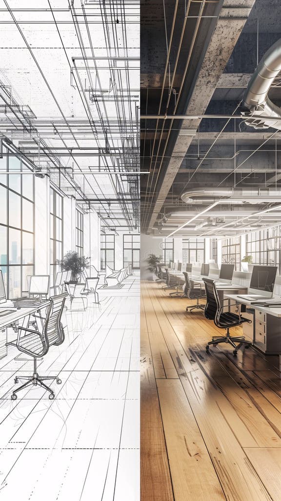 Modern Office Transition from Technical Drawing, Blueprint To Reality ...