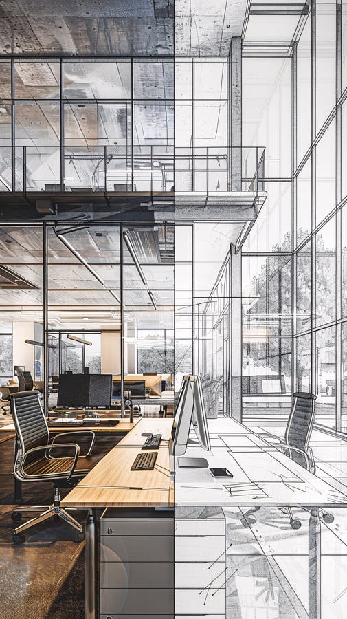 Modern Office Transition from Technical Drawing, Blueprint To Reality ...