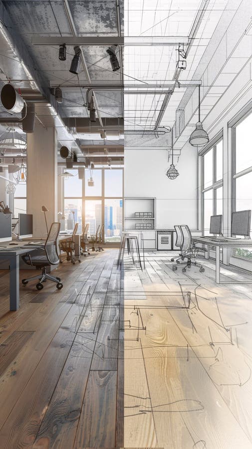 Modern Office Transition from Technical Drawing, Blueprint To Reality ...