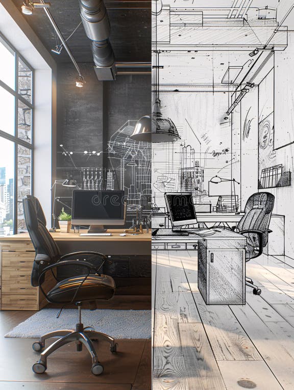 Modern Office Transition from Technical Drawing, Blueprint To Reality ...