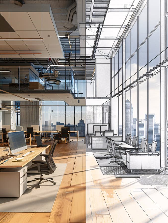 Modern Office Transition from Technical Drawing, Blueprint To Reality ...