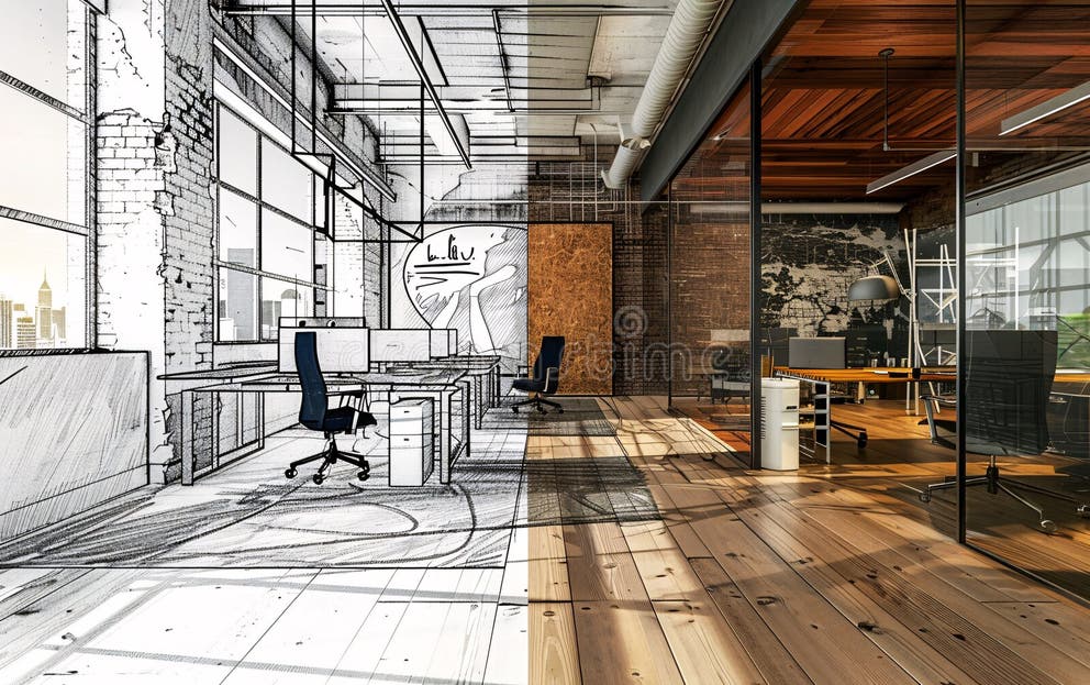 Modern Office Transition from Technical Drawing, Blueprint To Reality ...