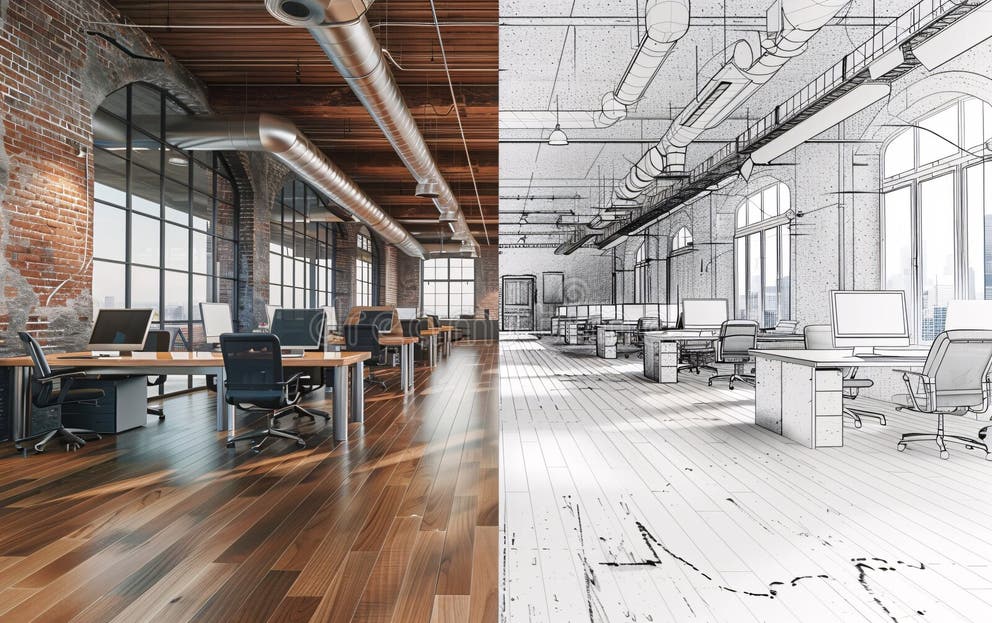 Modern Office Transition from Technical Drawing, Blueprint To Reality ...